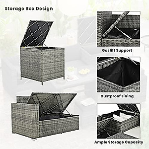 BIADNBZ 6-Piece Outdoor Furniture Set with Dining Table, Adjustable Seat and Storage Box, All Weather PE Rattan Patio Conversation Sofa L-Shaped Couch for Garden Lawn, Grey Wicker+Beige Cushion