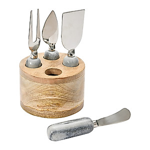Creative Co-Op Stainless Steel Cheese Servers with Mango Wood Stand Cutlery, Set of 4, Grey & Natural