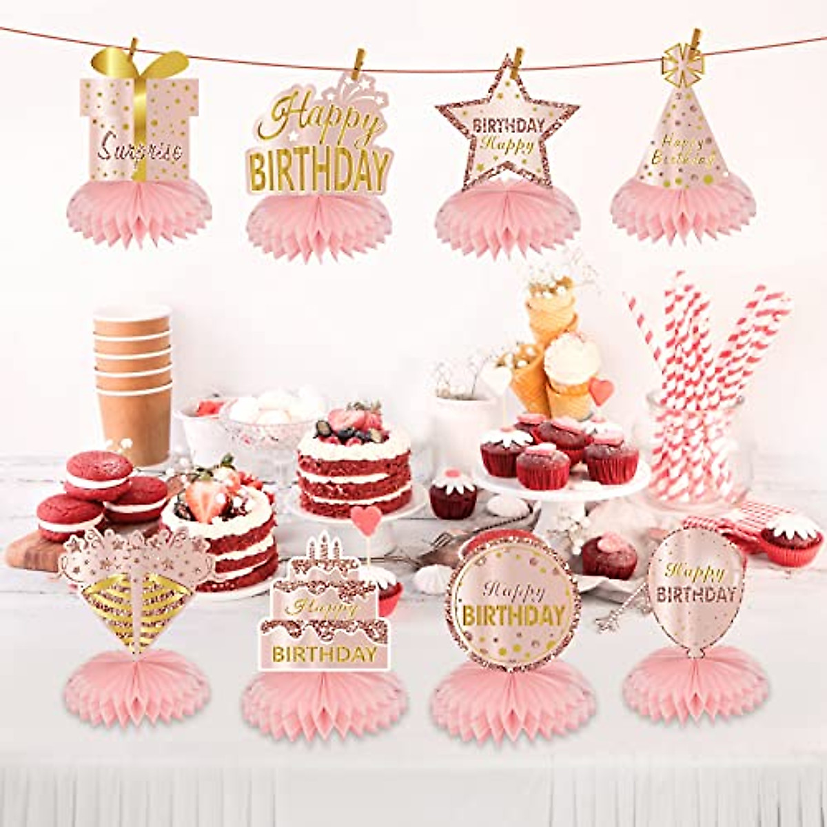 Pink Rose Gold Birthday Honeycomb Centerpieces Decorations for Women Girls, 8Pcs Rose Gold Happy Birthday Table Centerpieces Party Supplies, 10th 16th 21st 30th 40th 50th 60th Bday Table Topper Decor