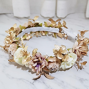 DDazzling Women Girls Handmade Princess Headpiece Forest Wedding Vintage Flower Crown Hair Accessories Photo Props (Gold Coffee Purple Beige)