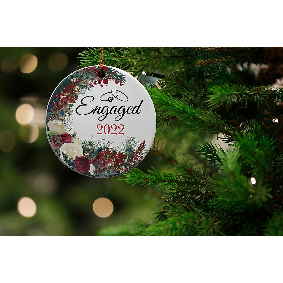 Engaged Wreath Ceramic Christmas Tree Ornament Collectible Holiday Keepsake 2.875" Round Ornament in Decorative Gift Box with Bow- Perfect and Unique Engagement Gifts for The Couple!