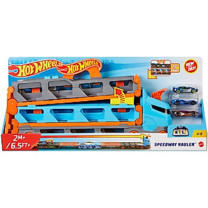 Hot Wheels Speedway Hauler Storage Carrier with 3 1:64 Scale Cars & Convertible 6-Foot Drag Race Track for Kids 4 to 8 Years Old, Stores 20+ Cars & Connects to Other City Sets, GVG37