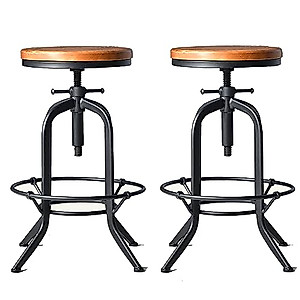 Lisuden Industrial Farmhouse Bar Stools Set of 2, Black Metal Base, Wood Seat, Adjustable Height 24.8-30"