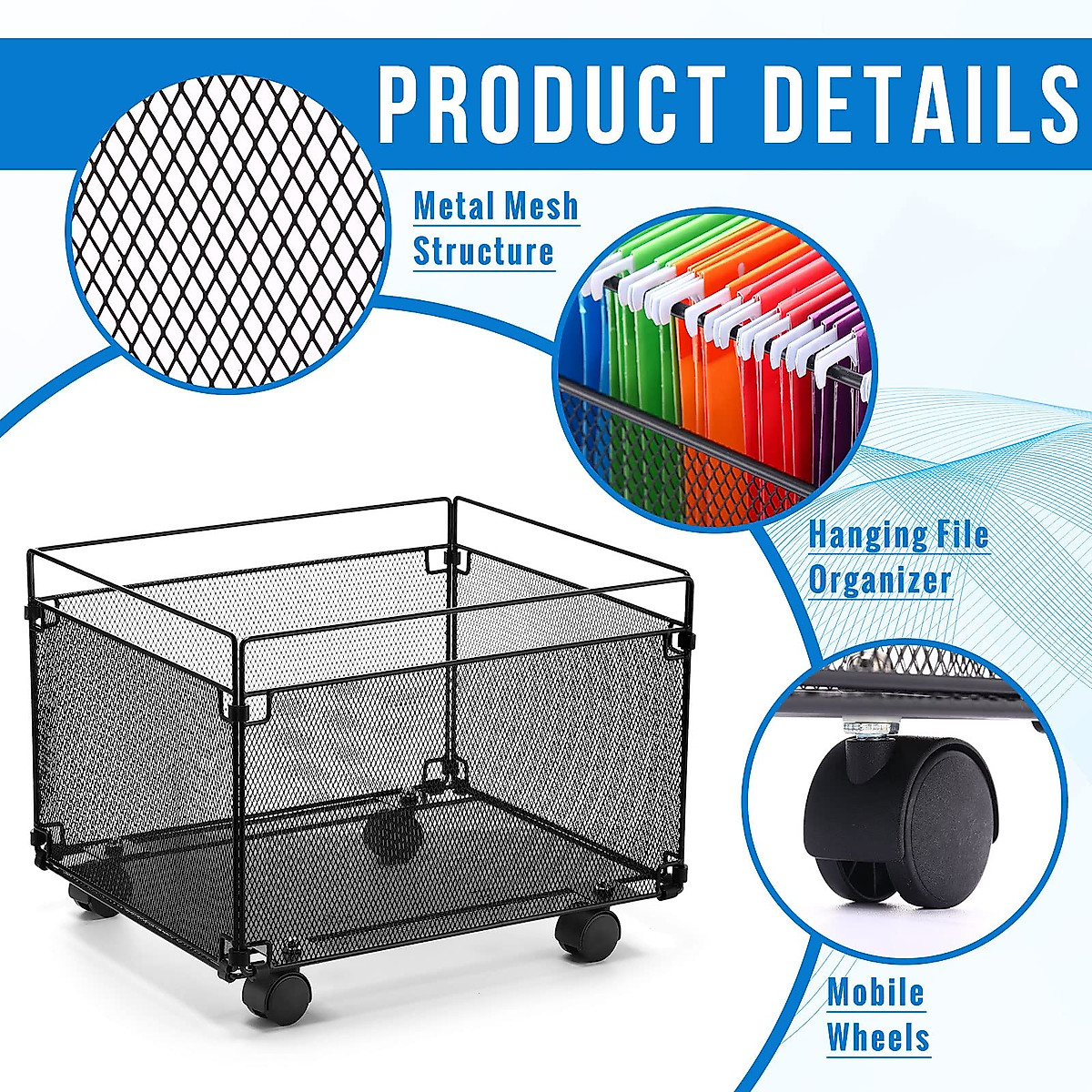 Harloon 2 Pack Mesh Metal File Crate Organizer Box with Mobile Swivel Wheels Black Rolling File Cart Storage Cart Foldable Storage Crate for Folders, Office Supplies, Black, 15" x 13" x 10"