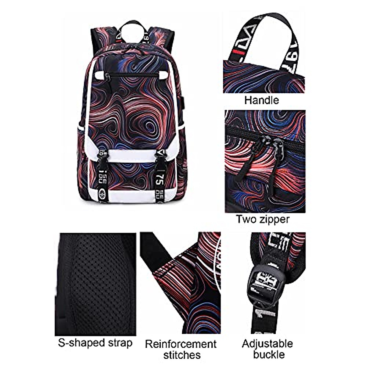 JiaYou Boys Backpack High Middle School Bag Laptop Casual Daypack with USB charging port for Men College Students(White Black,25 Liters)