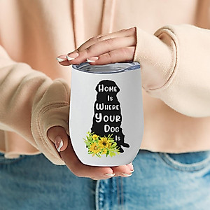Landseer Dog Silhouette Wine Tumbler 12oz Stainless Steel Vacuum Insulated Cup With Lid - Home Is Where Your Beloved Animal - Gifts for Dog Lovers