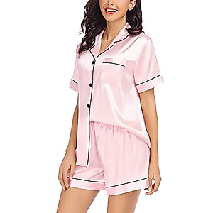 SWOMOG Womens 3 Piece Silk Satin Pajamas Short Sleeve Pjs Sets Shorts and Capri Bottom Pajama Pants Loose Outfit Sleepwear Pink