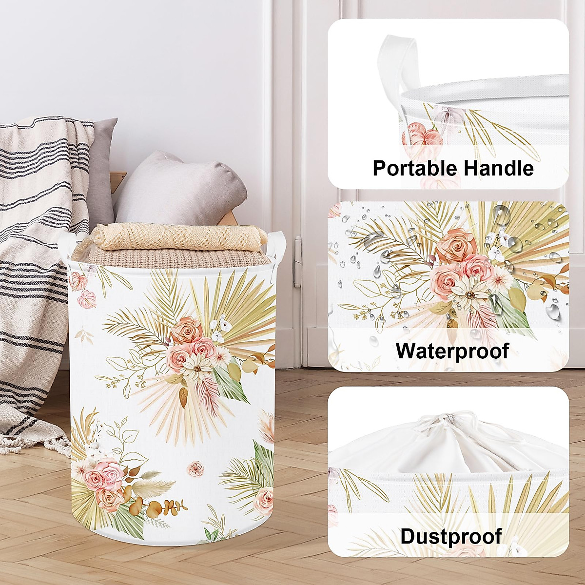 Clastyle 45L Large Boho Leaf Laundry Basket with Lid Tropical Floral Palm Leaves Collapsible Clothes Hamper Botanical Towel Toy Basket with Handle for Bedroom Bathroom