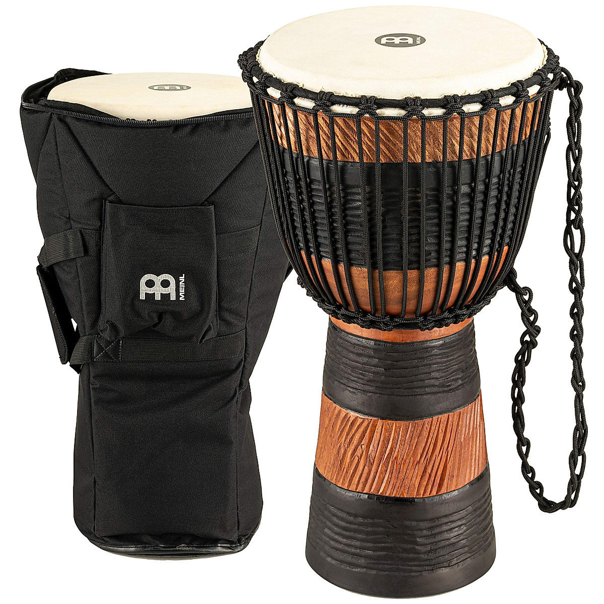 Meinl Percussion Style Djembe Hand Drum Circle Instrument with Bag, Carved Mahogany — NOT Made in China — African Mali Weave Rope Tuning, 2-Year Warranty (ADJ3-M