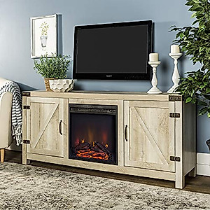Walker Edison Georgetown Modern Farmhouse Double Barn Door Fireplace TV Stand for TVs up to 65 Inches, 58 Inch, White Oak