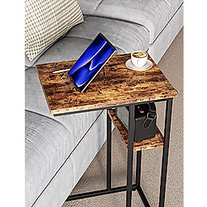 Innerjoin 2 Shelves C Side Table with Metal Frame, C Shaped End Table, TV Tray Table for Couch, Sofa Table for Living Room Bedroom, Bedside Table, Rustic Vintage Style, Brown