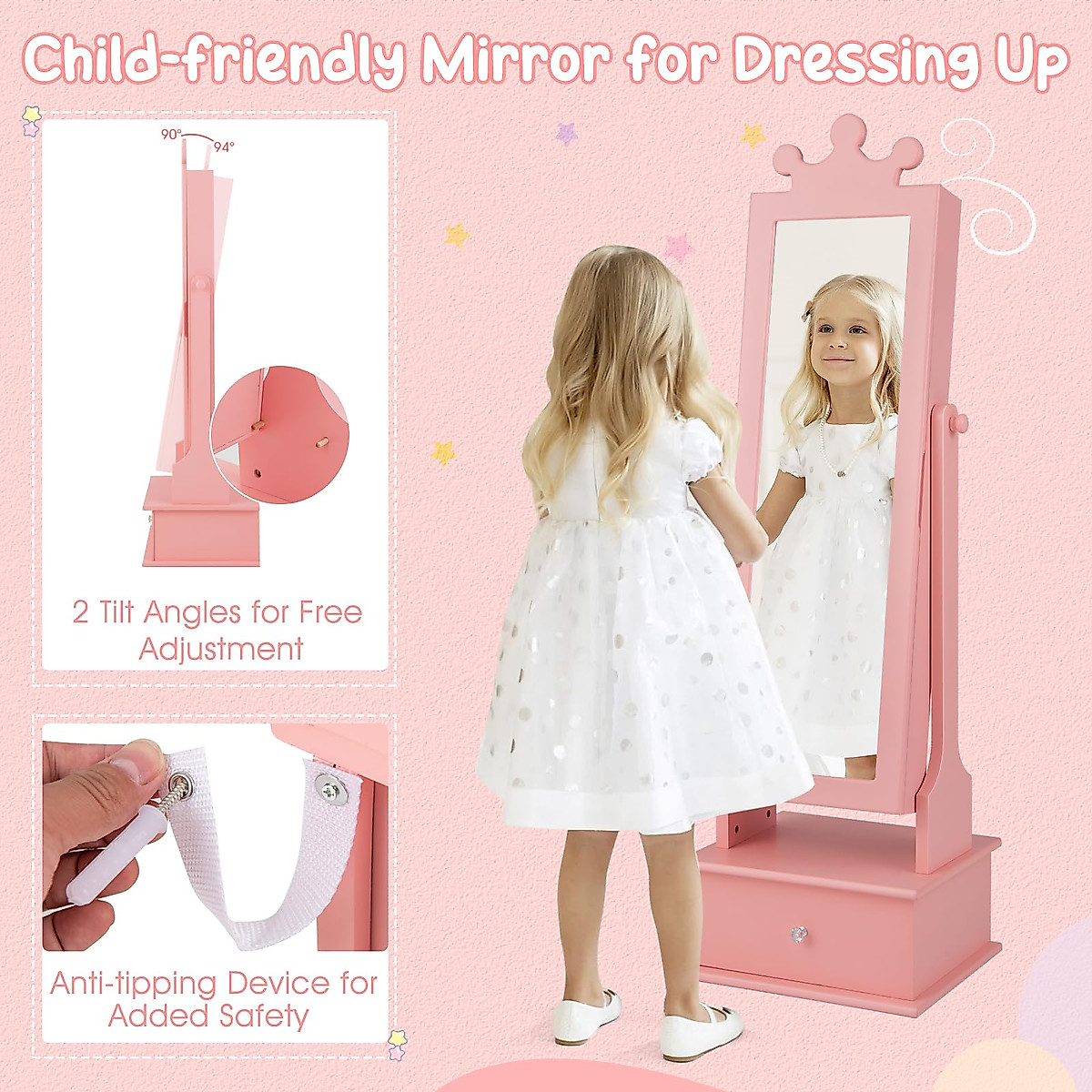 Costzon Kids Jewelry Armoire Cabinet, 45” Standing Jewelry Organizer with Full-Length Mirror, 3 Storage Drawers, Kids Vanity Dress Up Mirror Jewelry Cabinet for Girls (Pink)