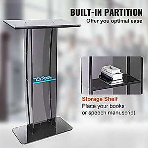 VEVOR Acrylic Podium, 47" Tall, Acrylic Podium Stand with Wide Reading Surface & Storage Shelf, Floor-Standing Clear Pulpits Acrylic for Church Office School, Black
