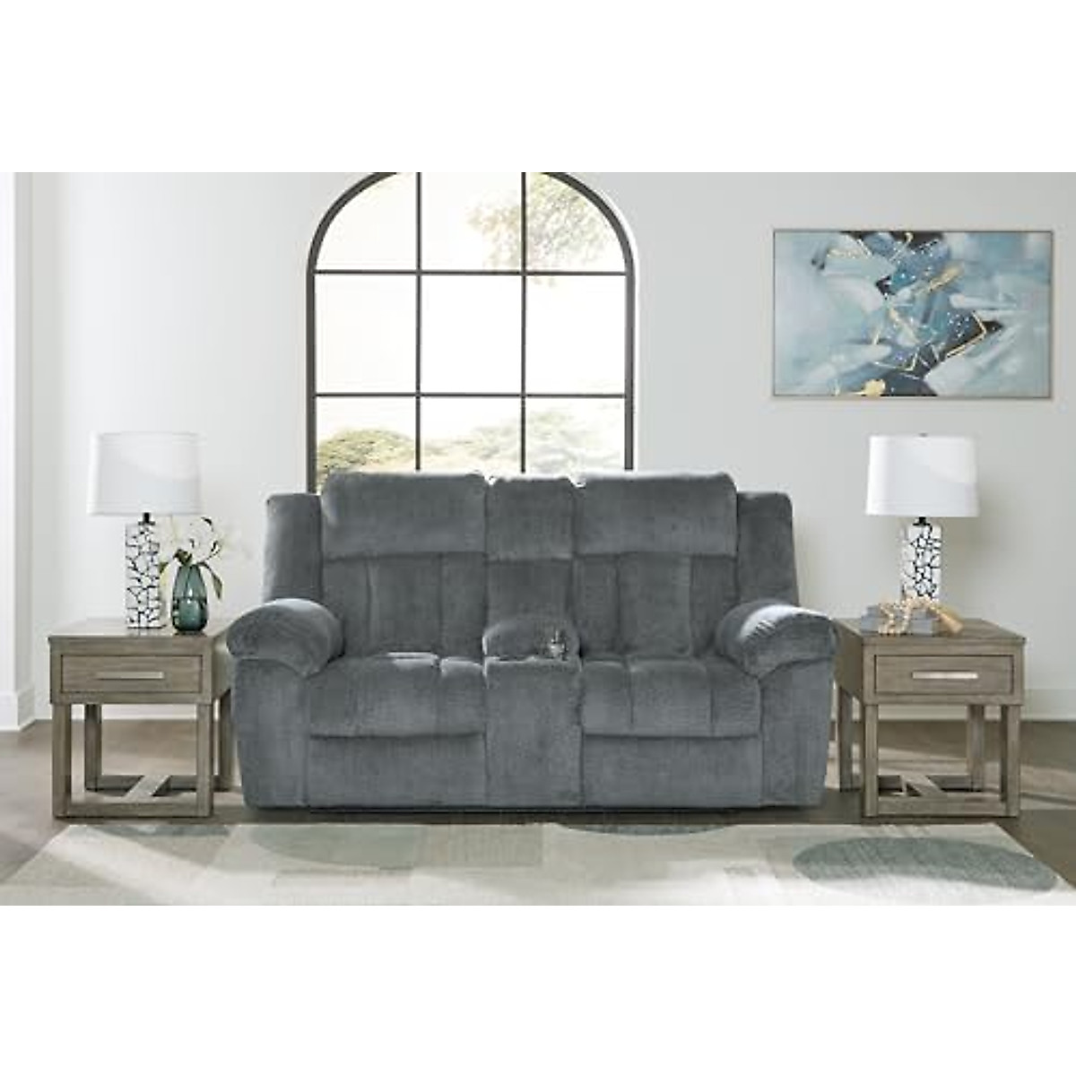 Signature Design by Ashley Tip-Off Modern Wall Hugger Power Reclining Loveseat with Adjustable Headrest, USB Ports, Storage and Cup Holders, Gray