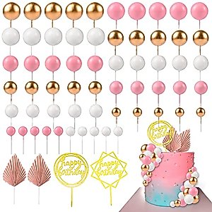 46 PCS Mini Ball Cake Topper Cupcake Insert Acrylic Cake Topper Decorations for Anniversary Graduation Birthday Party Baby Shower (Gold,Pink,White)