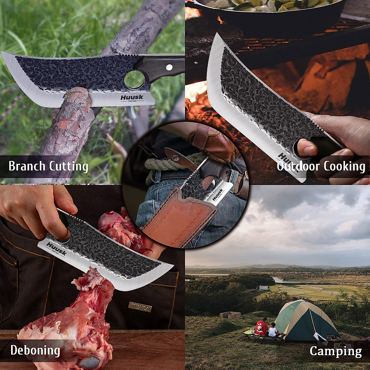 Huusk Forged Meat Cleaver Knife with Sheath Bundle with AUS 8 Stainless Steel Japanese Chef Knife