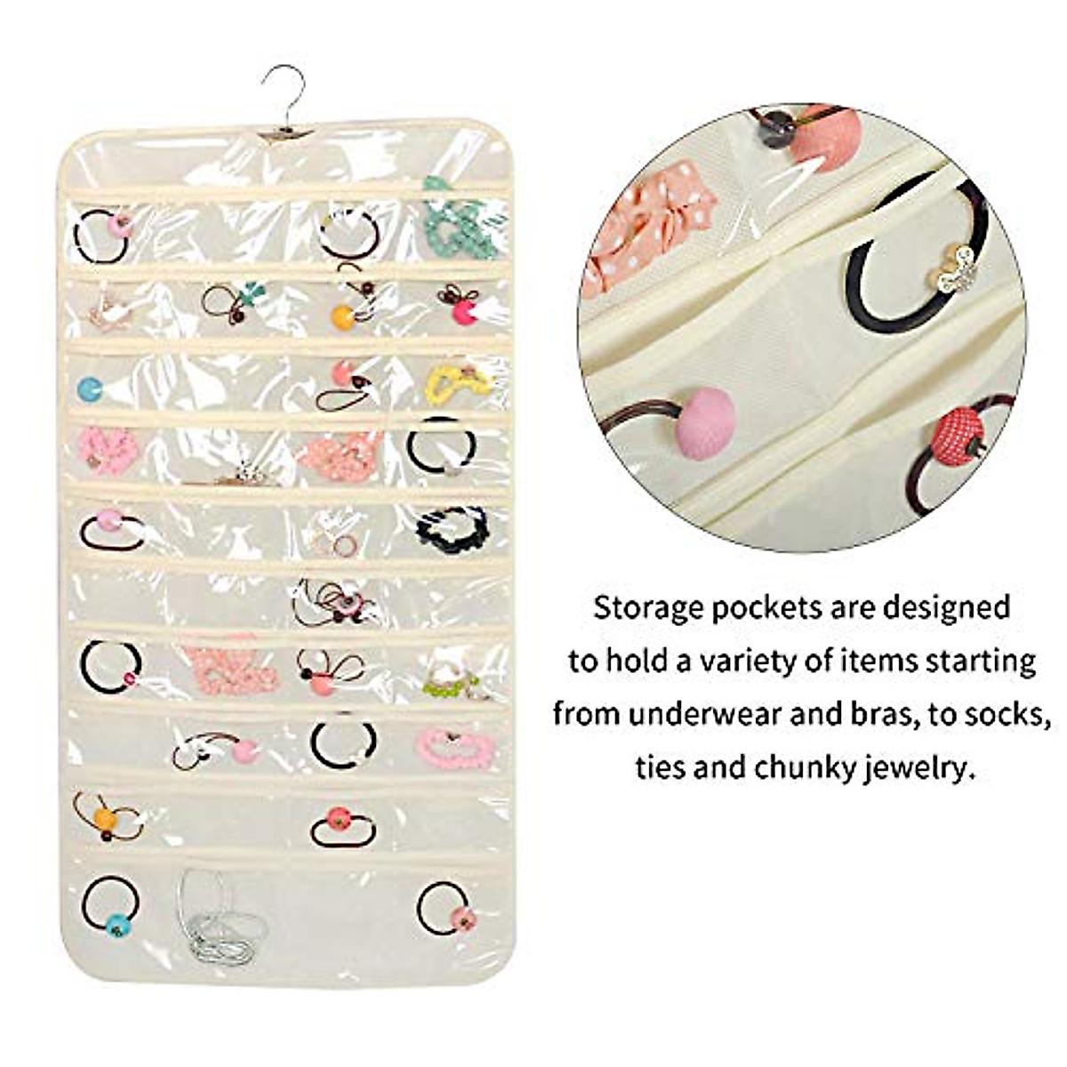 SZFY Hanging Jewelry Organizer, Wardrobe Necklaces Bracelets Earrings Accessories Organizer, 80 Pocket Organizer for Holding Jewelries - Beige