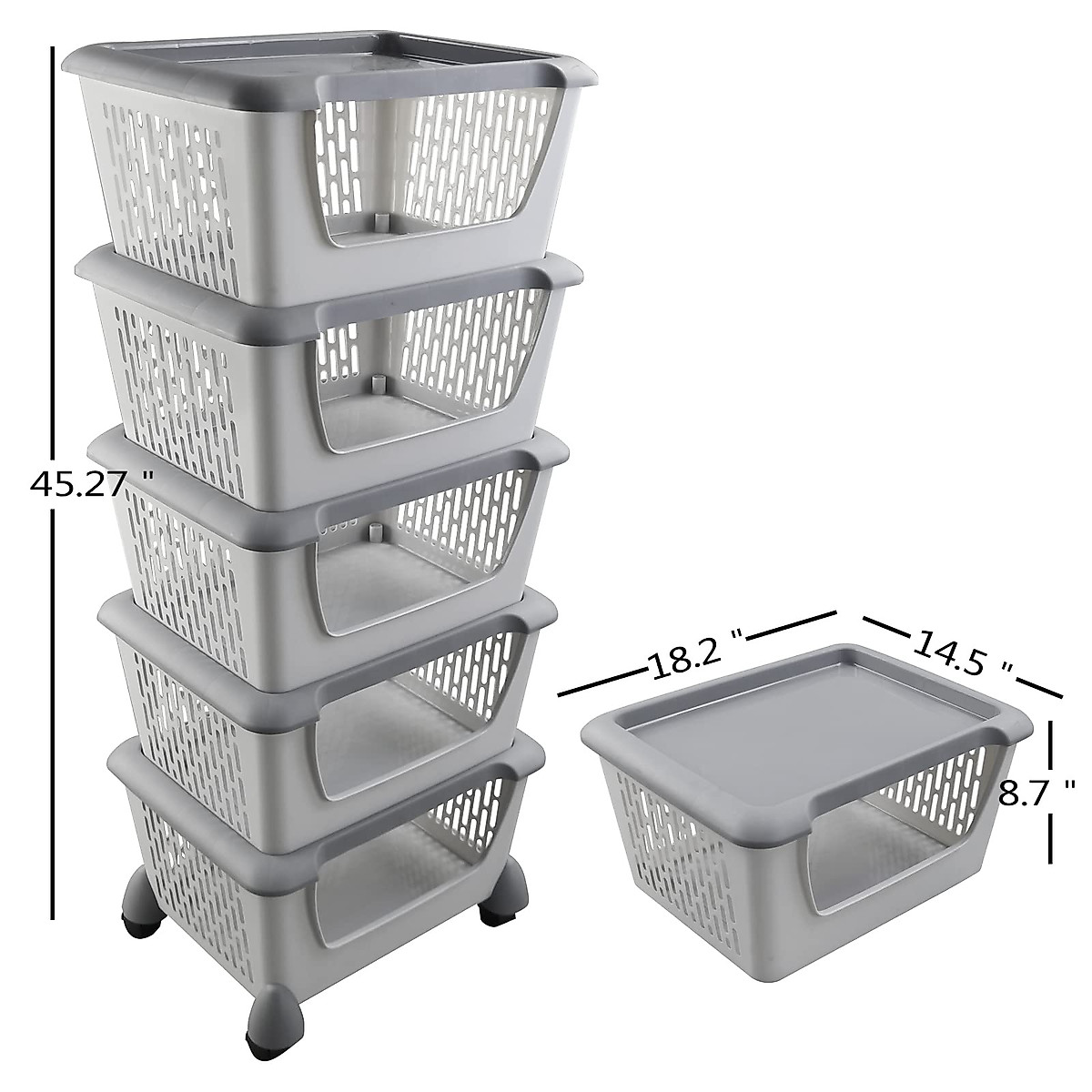 Buyitt 5-Tier Plastic Stackable Storage Bins for Pantry, Stacking Organizing Baskets with Wheels
