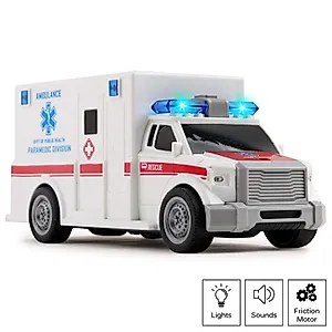 Vokodo Rescue Ambulance Friction Powered 1:20 Scale Toy Car with Lights and Sounds Durable Kids Medical Transport Emergency Vehicle Push and Go Pretend Play Van Great Gift for Children Boys Girls