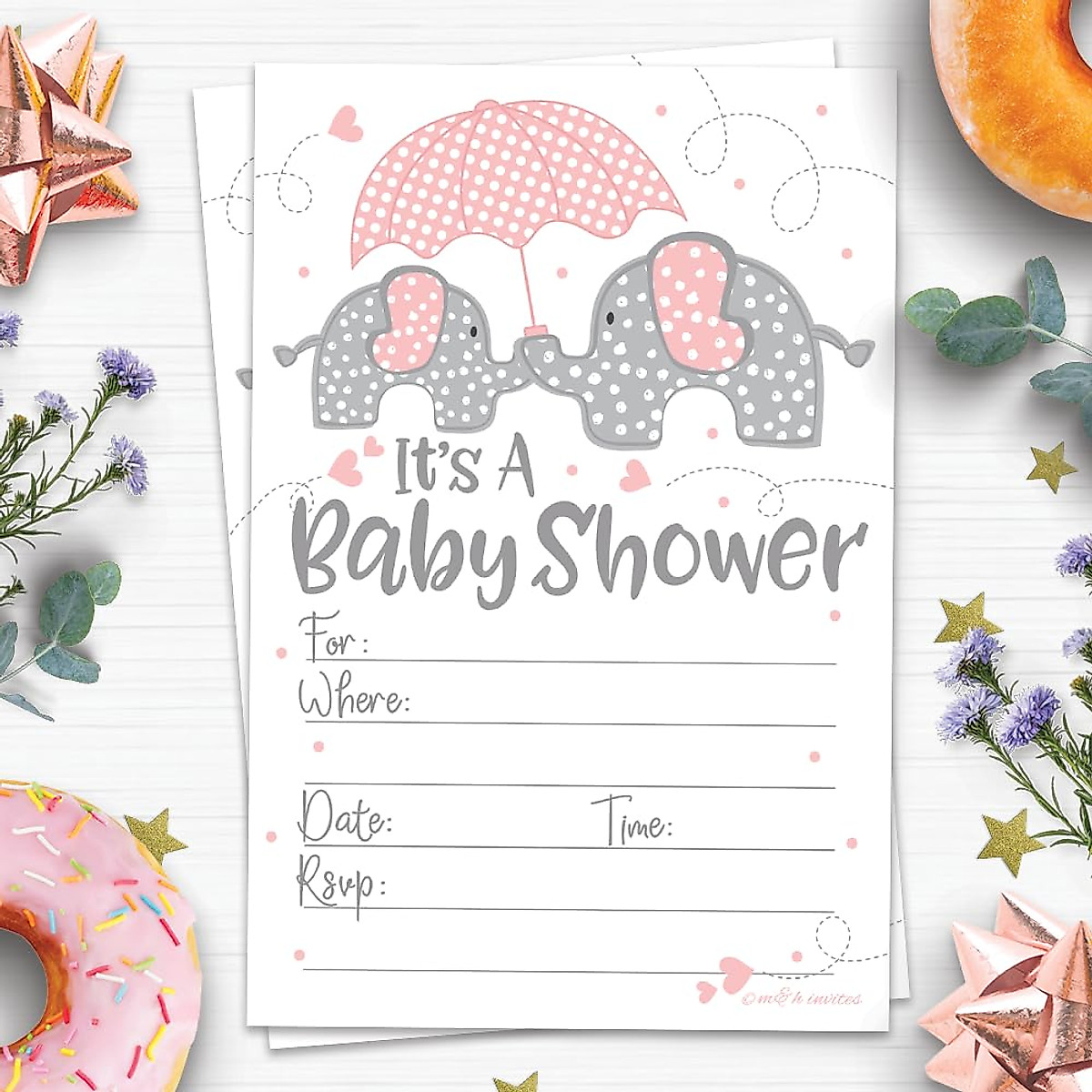 Pink Elephant Girl Baby Shower Invitations (20 Count) with Envelopes