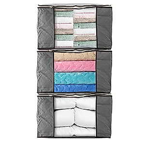 Eternal Living Blanket Storage Bags with Zippers & Window | Large Capacity Breathable Clothes Bag Organizer with Reinforced Handles and Clear Window 3 Pack, Grey
