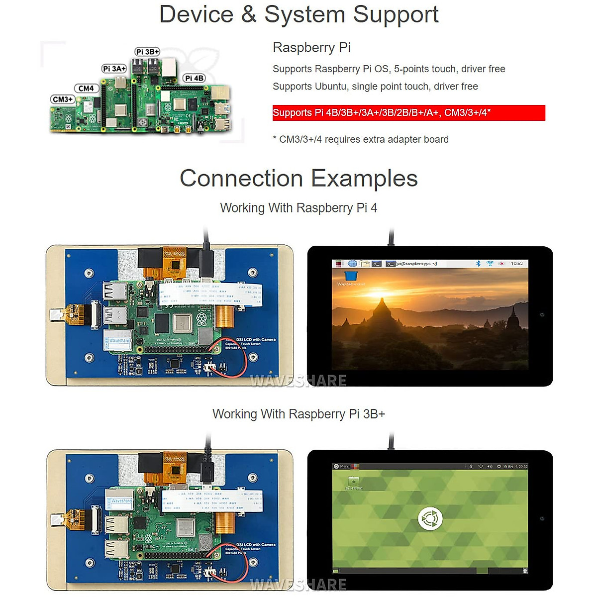 Waveshare 7inch Capacitive Touch Display Compatible with Raspberry Pi 4B/3B+/3A+/3B/2B/B+/A+/CM3/3+/4 with 5MP Front Camera 800×480 Resolution DSI Interface
