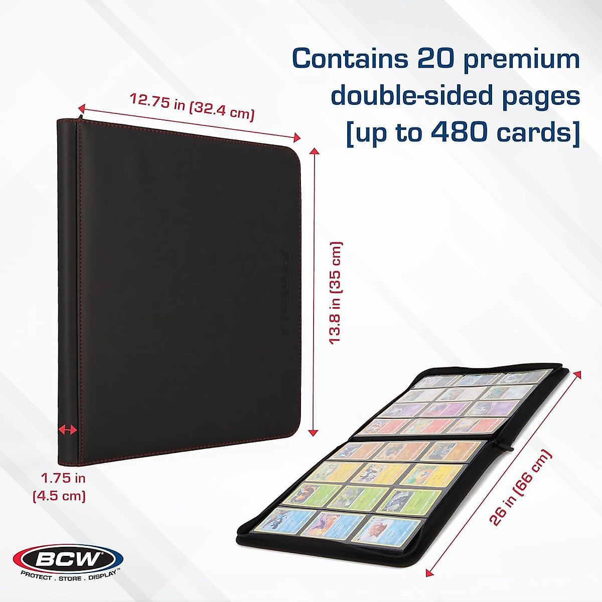 BCW Z-Folio LX Zipper Portfolio - Premium Gray Leatherette 12-Pocket Playset Album - Secure Zipper - 480 Card Capacity - Card Collector's Dream - Card Organizer - Trading Card Storage