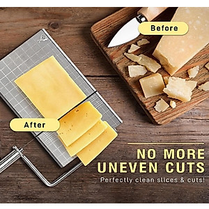 Cheese Slicer With Wire - Cheese Slicers for Block Cheese Incl. 8 Extra Wires with Accurate Size Scale On Cheese Slicer Board for Prices Cuts - Ideal Cheese Cutter with Wire for Charcuterie Boards