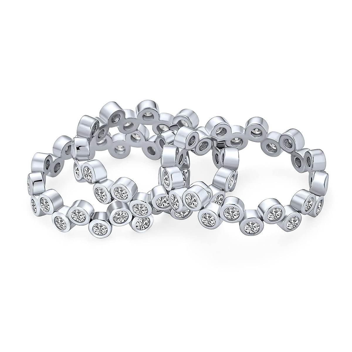 Geometric Circle Cubic Zirconia Wide Bezel CZ Bubble Stackable Eternity Band Ring Set For Women .925 Sterling Silver