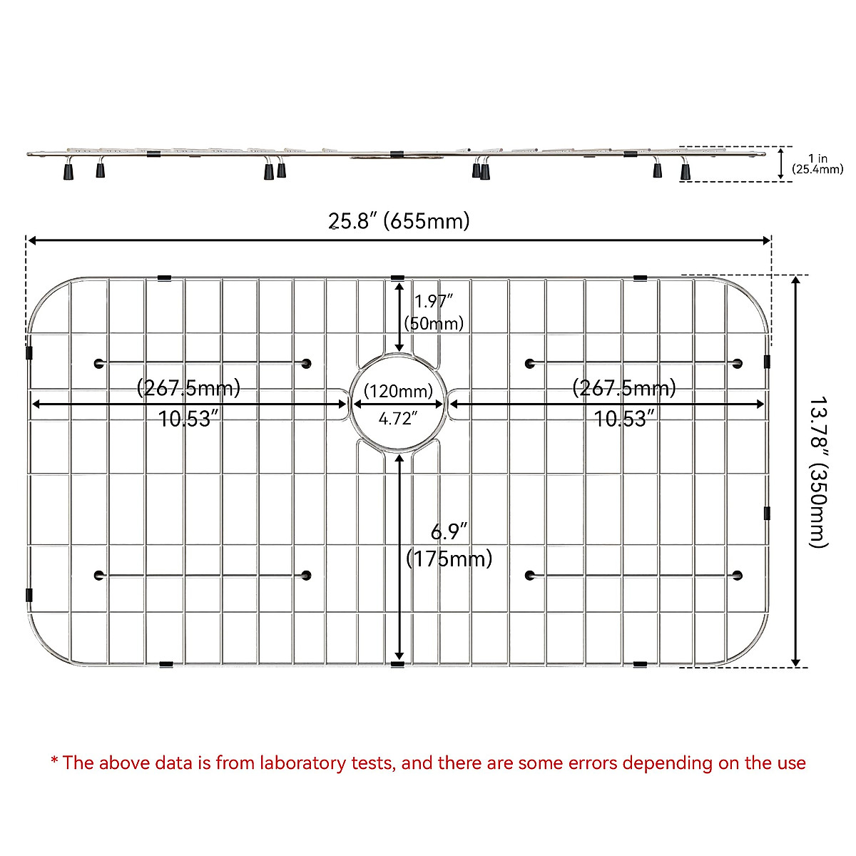 Stainless Steel Sink Grid and Protectors for Bottom of Kitchen Sink, 26" X 14 1/16" with Rear Drain for Single Sink Bowl
