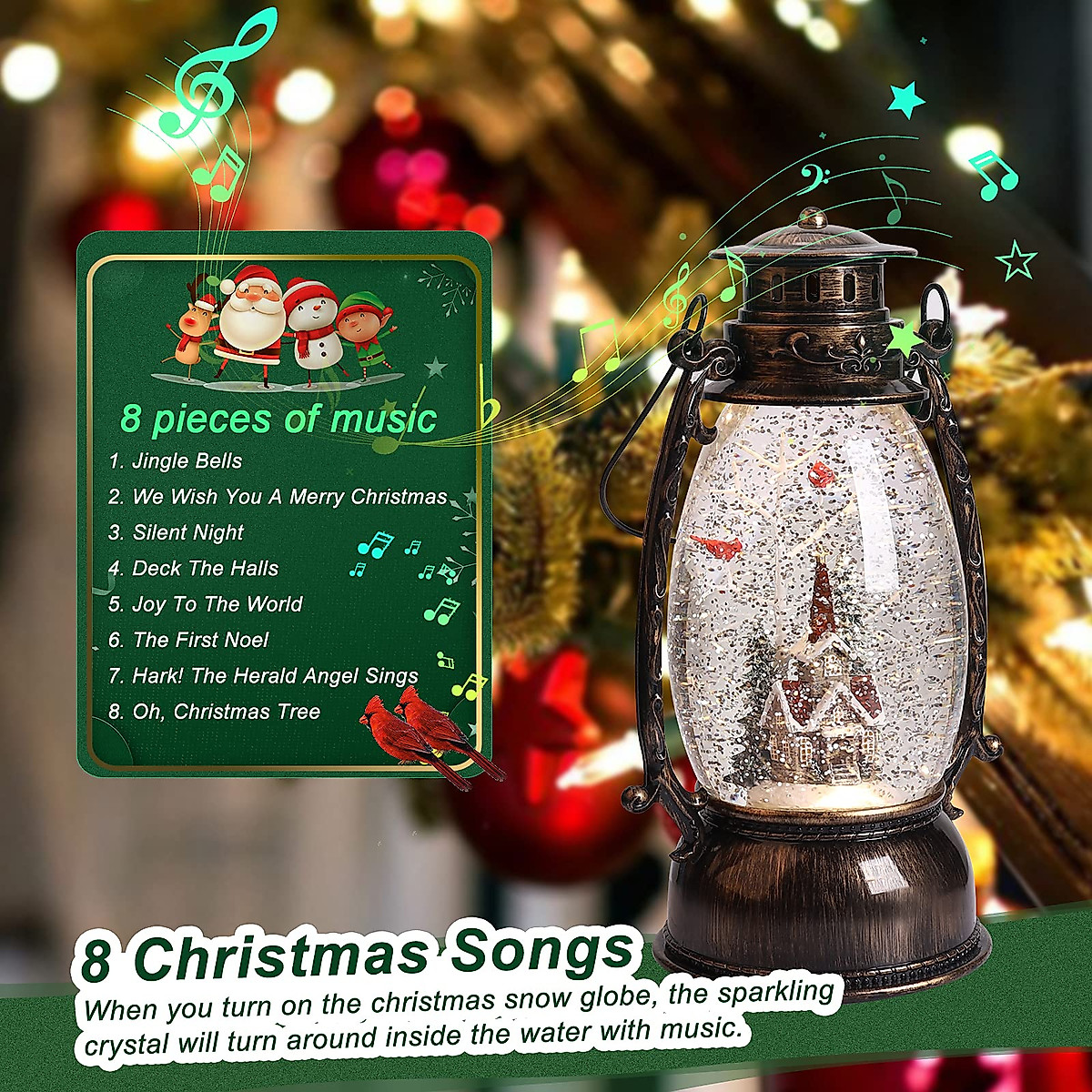 Christmas Snow Globe Musical Snow Globes Christmas Lantern Glitter Lantern Christmas Snowglobe Lighted Church Cardinal Scene 6H Timer 3AA Battery Operated Snowglobe USB for Home Decoration Gift