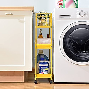 KINGRACK Slim Storage Cart,3-Tier Metal Utility Rolling Cart with Lockable Wheels, Storage Craft Art Cart Trolley Organizer Serving Cart for Bathroom, Living Room, Kids' Room, Classroom,Yellow