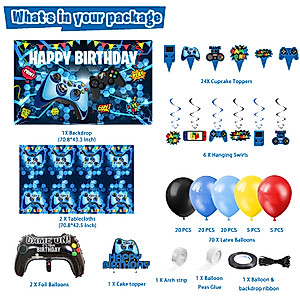 KimaruLZ Video Game Birthday Party Decorations - 109Pcs Gamer Gaming Party Supplies For Boys Birthday Party - Happy Birthday Backdrop, Table Cover, Hanging Swirls, Cupcake Cake Topper, Balloons