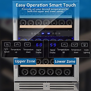 Upgraded 24 Inch Wine Cooler Refrigerator, 46 Bottle Dual Zone Wine Fridge, Built in or Freestanding Wine Cooler with Stainless Steel, Low Noise, Glass Door, Safety Lock, Temperature Memory Function