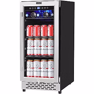 COLZER 15 inch Beverage Refrigerator with Glass Door 126 Cans Mini Beverage Cooler Under Counter Freestanding Built in Centre Garage Fridge with Lock for Drink Beer Soda Wine Water