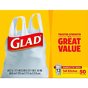 Glad® Tall Kitchen Handle-Tie® Trash Bags - 13 Gallon White Trash Bag - 50 Count (Package May Vary)