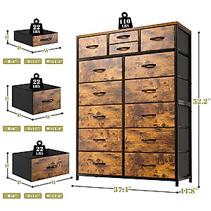 EnHomee 14 Drawer Dresser, Tall Dressers for Bedroom, Large Bedroom Dressers & Chests of Drawers, Sturdy Metal Frame & Wood Top, Easy Assembly, Closet, Living Room, Rustic Brown
