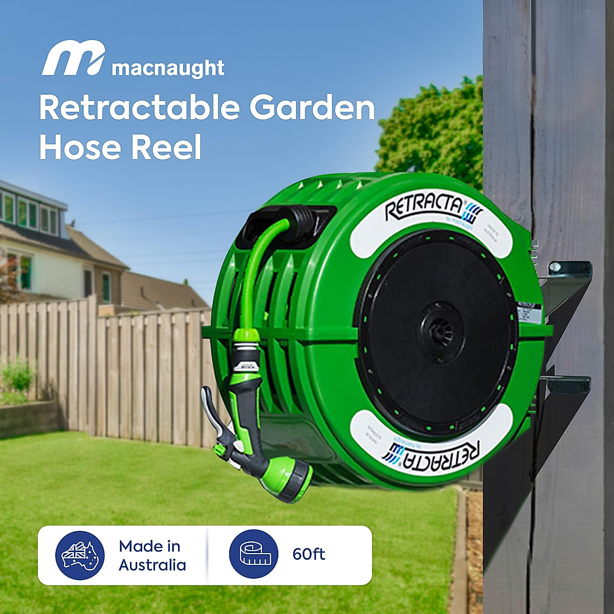 Macnaught Retractable Garden Hose Reel, 60 Ft Water Hose Reel Heavy Duty Retractable Hose with Metal 180° Swivel Rotation Bracket for Wall Mount - Green