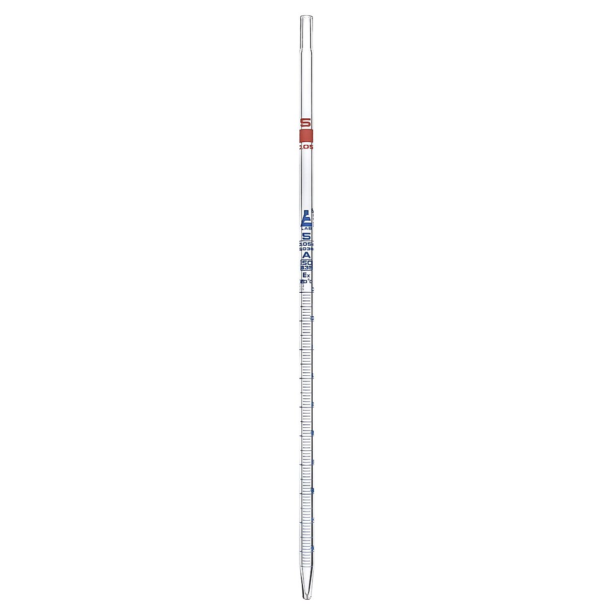 EISCO Serological Pipette, 5ml - Class A, Tolerance ±0.030ml - Blue Graduations - Color Code, Red - Calibrated for Delivery to Jet - Borosilicate Glass