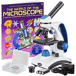 AmScope M162C-2L-PB10-WM"Awarded 2018 Best Students and Kids Microscope Kit" - 40X-1000X Dual Light All Metal Microscope with Slides and Microscope Book, Blue