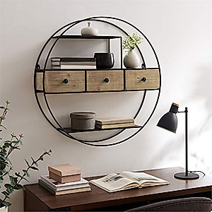 Riverbay Furniture Round Metal and Wood Wall Shelf in Black and Brown