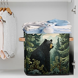 Tablerazzi Black Bear Forest Wild Animals Cube Storage Bin, 13 Inch Collapsible Fabric Storage Cube Bin, Foldable Cube Baskets for Shelf, Closet, Organizer