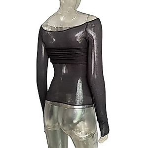 Women's Sexy Crop Top Long Sleeve Off Shoulder Going Out Tops Slim Fit Mesh Ruched Twisted Blouse Y2K T Shirt