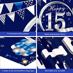 Kauayurk Blue Silver 15th Birthday Banner Decorations for Boys, Happy 15 Birthday Backdrop Party Supplies, Fifteen Birthday Poster Photo Props Background Sign Decor