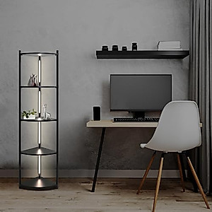 5 Tier Corner Shelf with LED Light, 57.7" Tall Corner Stand Shelves Modern Home Decor Display Floor Lamps, Corner Furniture Open Bookshelf for Bedroom, Office, Living Rooms, Black