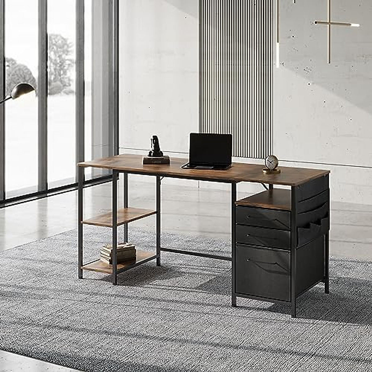 Maihail Office Desk with 2 Drawers, 59" Desk with Shelves. Desk with Storage Bag, Computer Desk for Home Office, Desk with Adjustable Shelves, Industrial Simple Workstation Wood Table, Rustic Brown