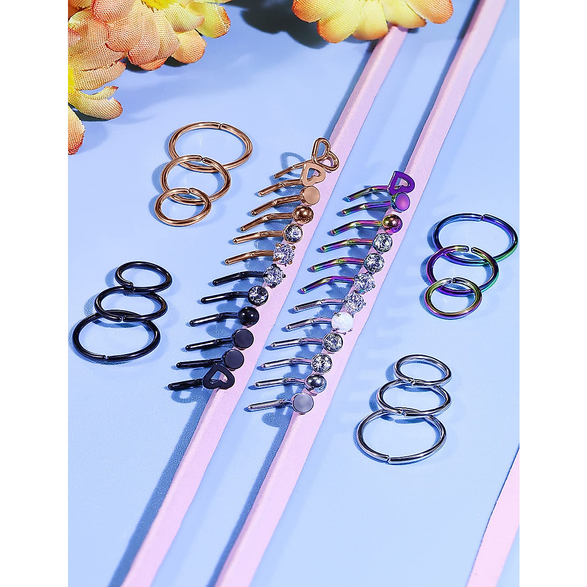 Yaalozei 20g Nose Ring for Women L Shape Nose Piercing Jewelry 20 Gauge Surgical Stainless Steel Cute Nose Rings Hoop Nose Ring Stud Nostril Nose Piercing Jewelry for Women Men Silver Rose Gold Black