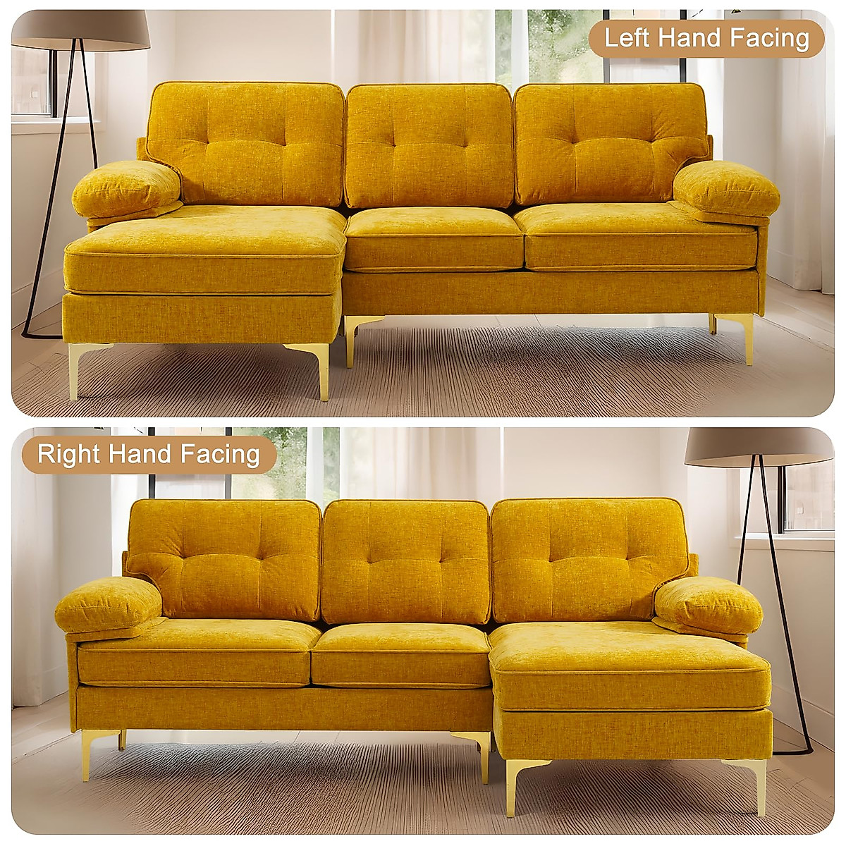 EASELAND 83" L Shaped Convertible Couch, Chenille Couch Sectionals for Living Room, 3-Seat Comfy Lounge Sofa for Bedroom with Chaise, Sleeper Sofa Bed with Fluffy Armrests, Washable Cushion(Yellow)