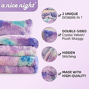 A Nice Night Shaggy Fluffy Faux Fur Duvet Cover Set, Tie Dye Style,Softest, Luxury Ultra Soft Crystal Velvet Bedding Sets, Zipper Closur (Queen, Purple-Blue)