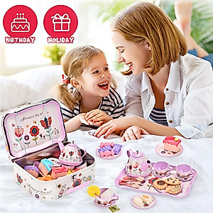 Lajeje 52-Piece Tea Party Set for Little Girls, Pretend Kitchen Toy for Kids 3 4 5 6 Year Old, Girls Toys with Tin Tea Set, Desserts & Metal Carrying Case, Birthday,Stocking stuffers for kids
